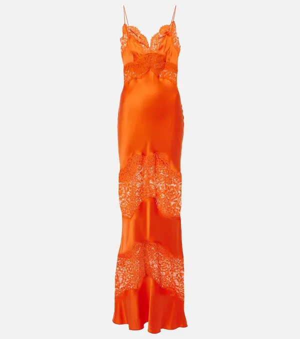 Rebecca Vallance Adira Silk Satin Slip Dress With Lace Trim - Orange