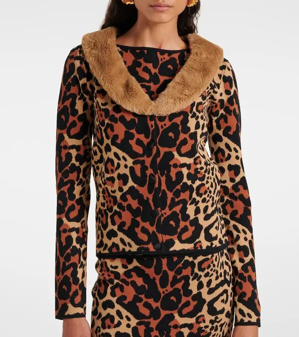 Blumarine Leopard-print Jacquard Cardigan With Faux Shearling Trim