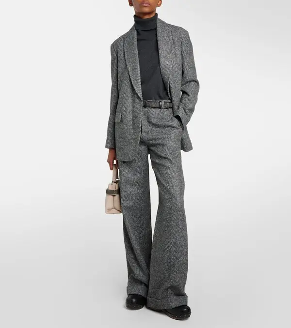 Brunello Cucinelli Herringbone Wool-blend Flared Trousers