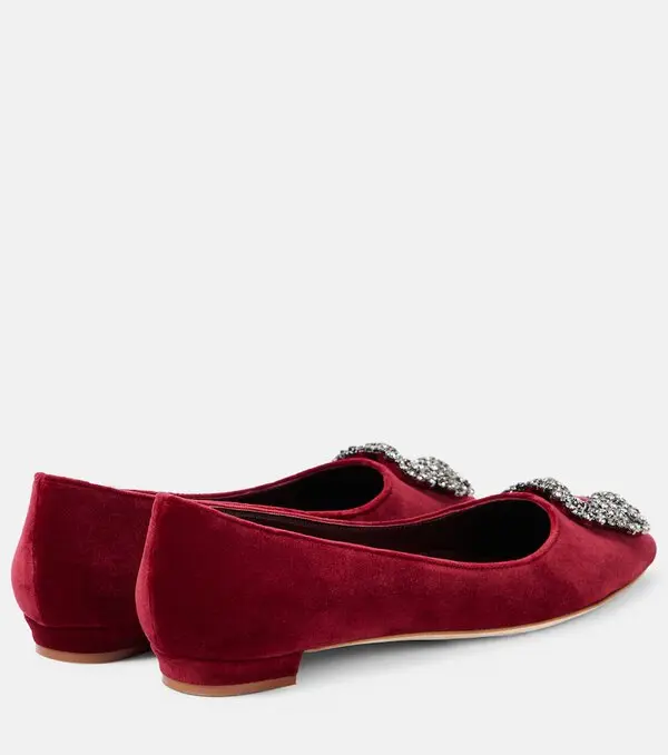 Manolo Blahnik Embellished Velvet Ballet Flats - Red