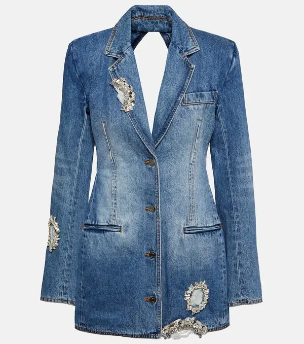 AREA Embellished Cutout Denim Blazer - Blue