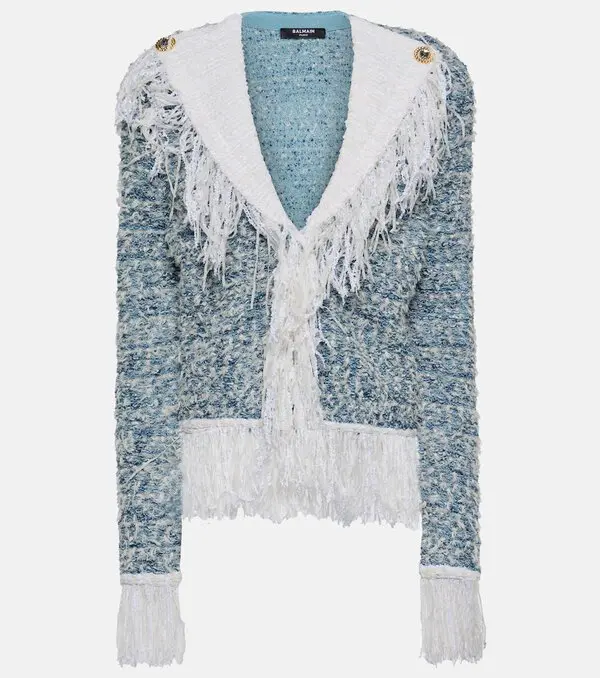 Balmain Fringed Denim Tweed Jacket - Blue