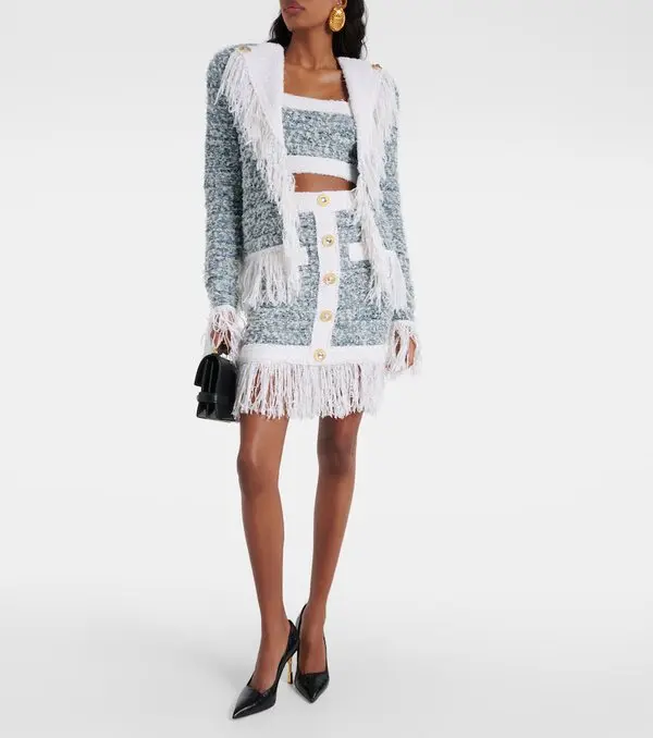 Balmain Fringed Denim Tweed Jacket