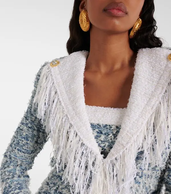 Balmain Fringed Denim Tweed Jacket