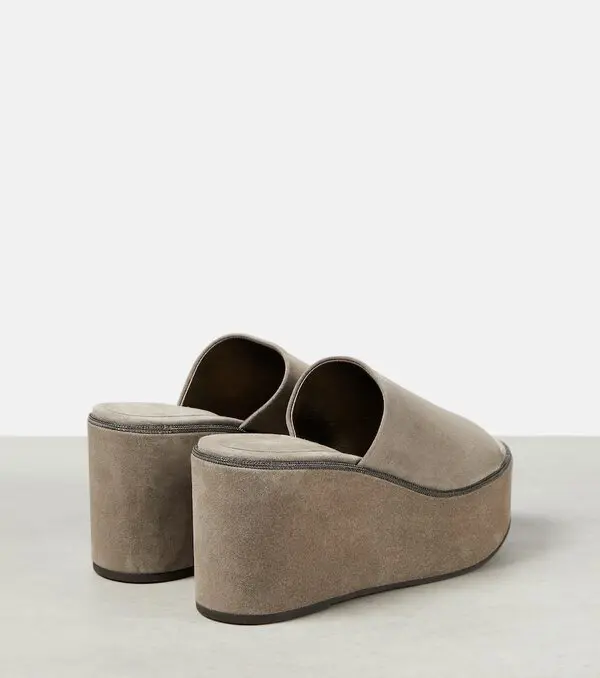 Brunello Cucinelli Suede Platform Slides - Grey