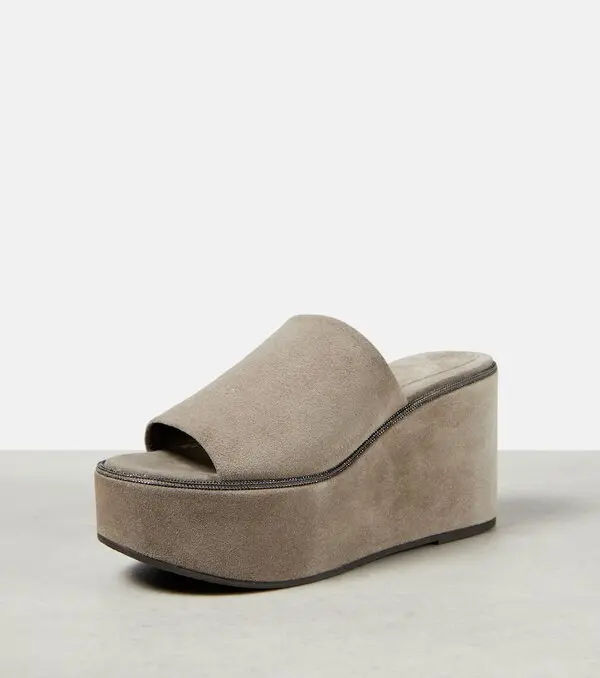 Brunello Cucinelli Suede Platform Slides - Grey