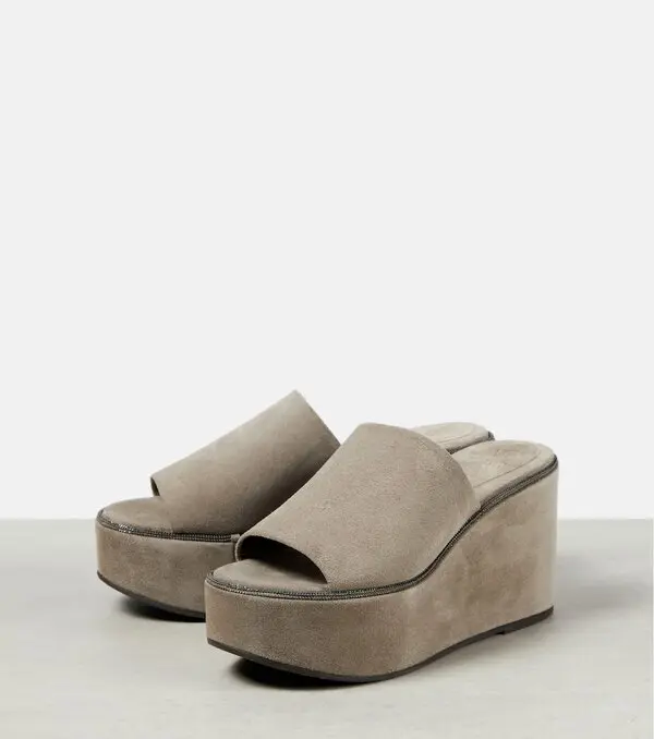 Brunello Cucinelli Suede Platform Slides - Grey