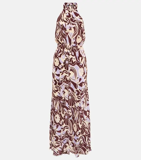 Rixo Kendra Printed Silk Halterneck Maxi Dress