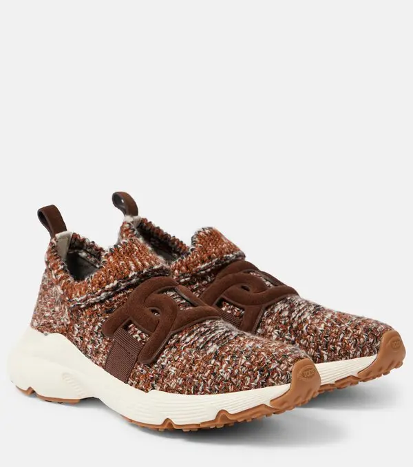 TOD'S Knitted Leather-trimmed Sneakers - Brown