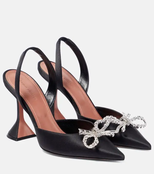 Amina Muaddi Rosie Satin Slingback Pumps With Crystal Embellishment - Black