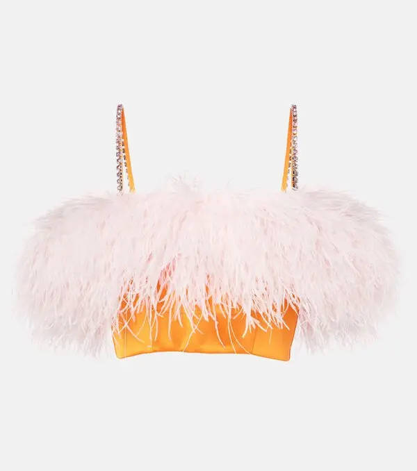 SELF-PORTRAIT Feather-trimmed Satin Crop Top - Multicoloured