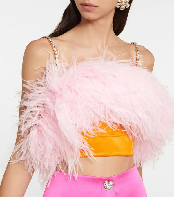 SELF-PORTRAIT Feather-trimmed Satin Crop Top