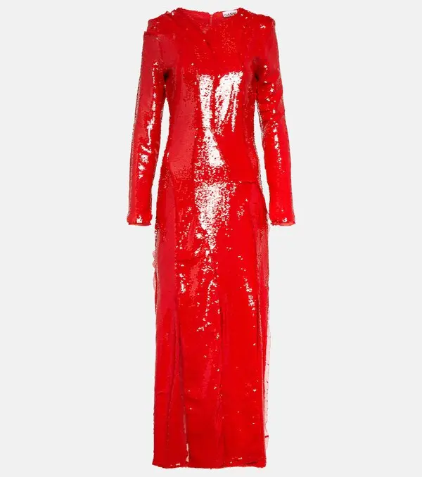 GANNI Sequined Maxi Dress - Red