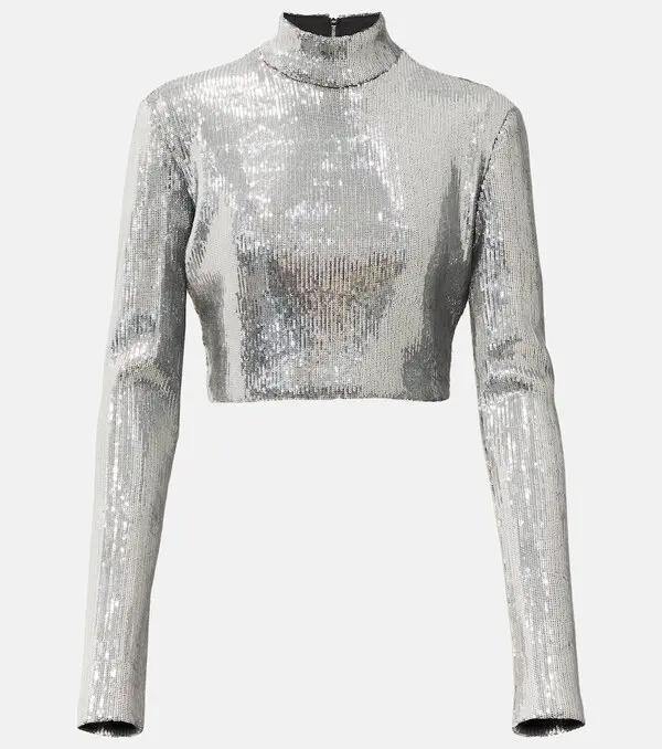 David Koma Sequined Mock Neck Crop Top