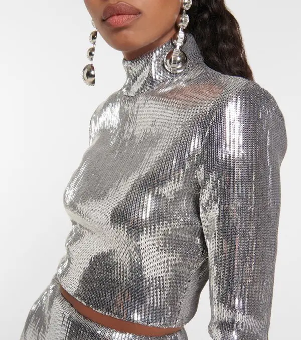 David Koma Sequined Mock Neck Crop Top