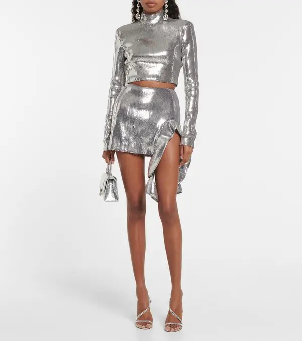 David Koma Sequined Mock Neck Crop Top