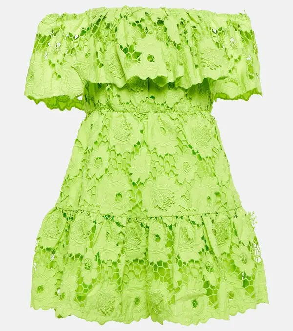 SELF-PORTRAIT Off-shoulder Cotton Lace Mini Dress - Green