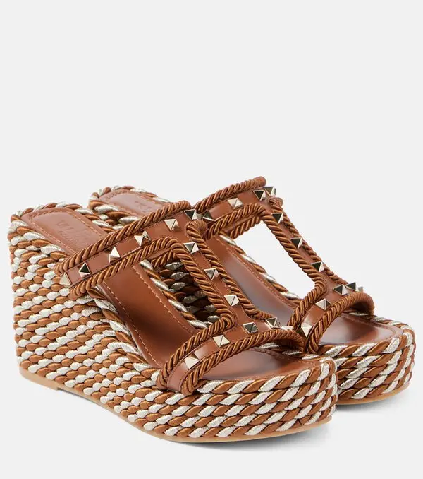 Valentino Garavani Rockstud Leather Espadrille Wedges - Brown