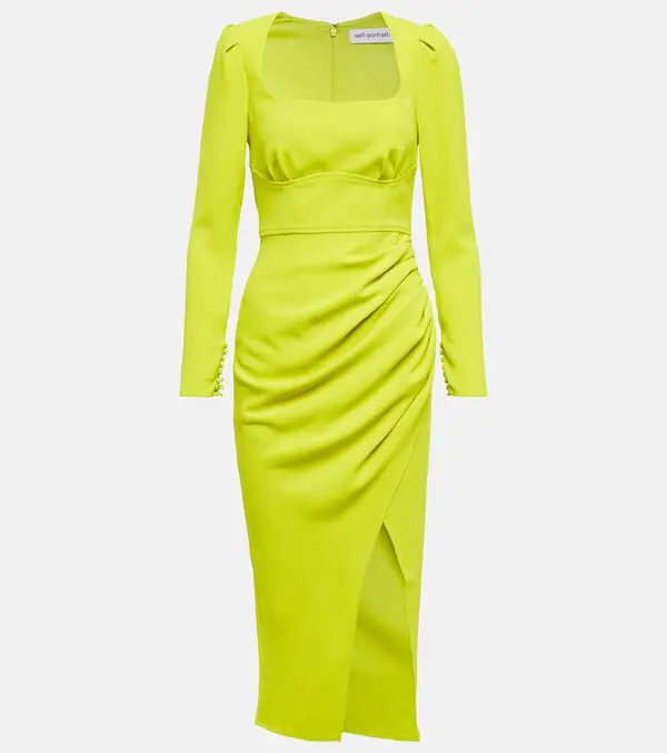 SELF-PORTRAIT Ruched Crepe Midi Dress - Green