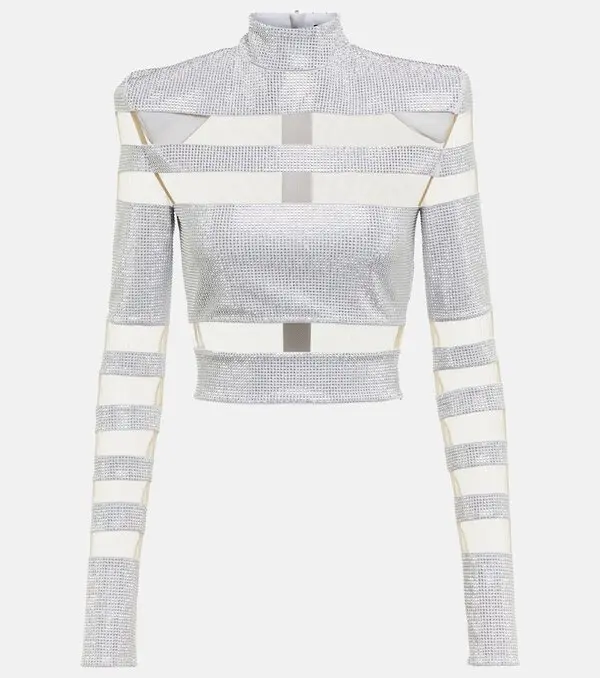 Balmain Embellished Mesh-paneled Top - Silver