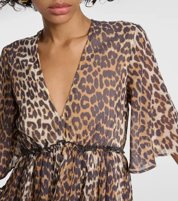 GANNI Leopard-print Tiered Georgette Blouse - Brown