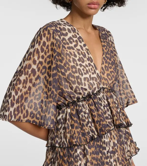 GANNI Leopard-print Tiered Georgette Blouse - Brown