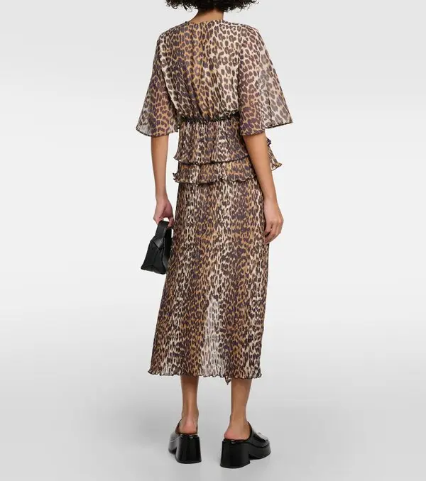 GANNI Leopard-print Tiered Georgette Blouse - Brown