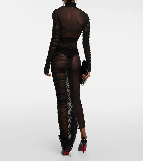 MUGLER Ruched Sheer Maxi Dress
