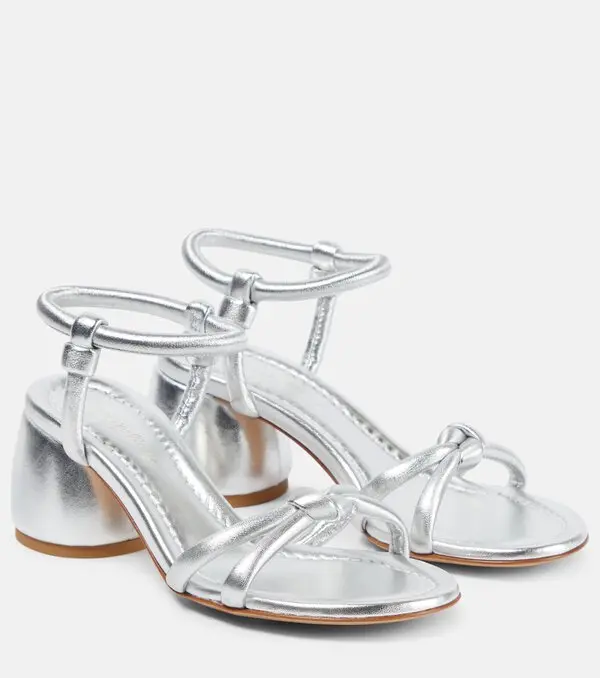 GIANVITO ROSSI Metallic Leather Block Heel Sandals - Silver