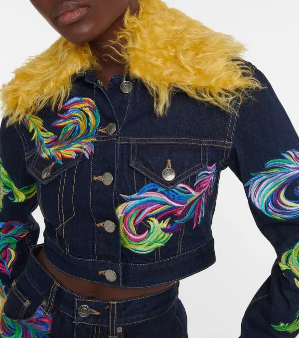 AREA Mohair-trimmed Cropped Denim Jacket