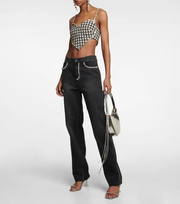 AREA Embellished Checked Cropped Top