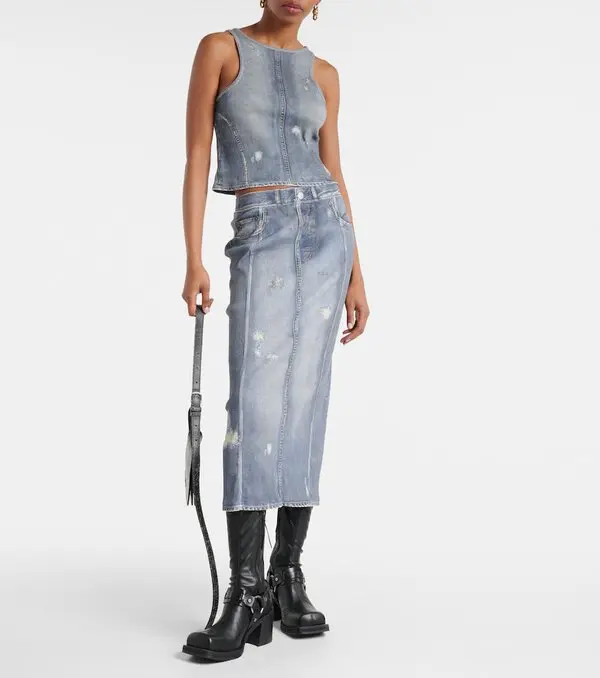 Acne Studios Mid-rise Printed Denim Midi Skirt
