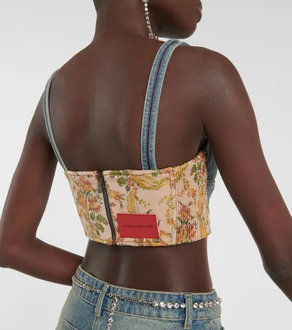 Alessandra Rich Floral Cropped Denim Bustier Top
