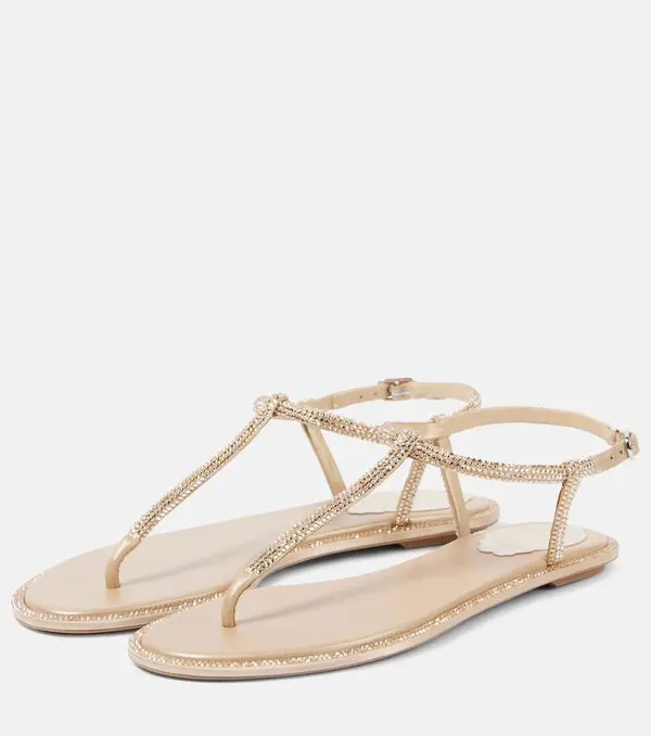 Rene Caovilla Diana Satin And Leather Thong Sandals - Beige