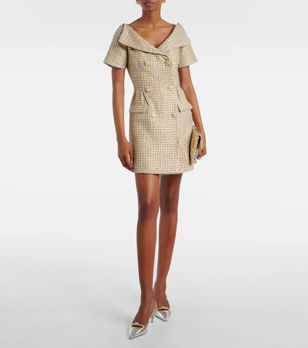 SELF-PORTRAIT Off-shoulder Metallic Bouclé Mini Dress