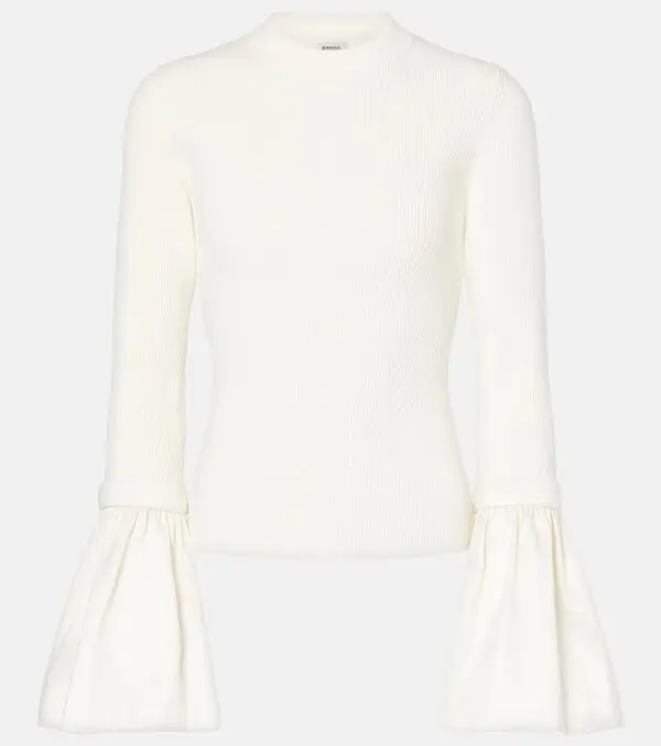 Simkhai Agata Ribbed-knit Top With Taffeta Sleeves - White