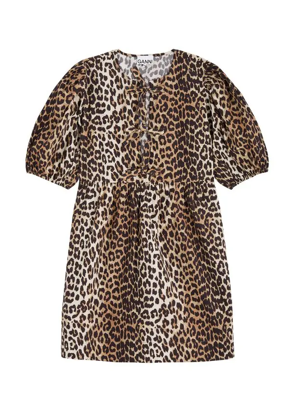 GANNI Printed Cotton-poplin Mini Dress - Leopard