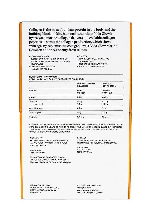 VIDA GLOW Natural Marine Collagen Sachets Supplements, Metal - Mango