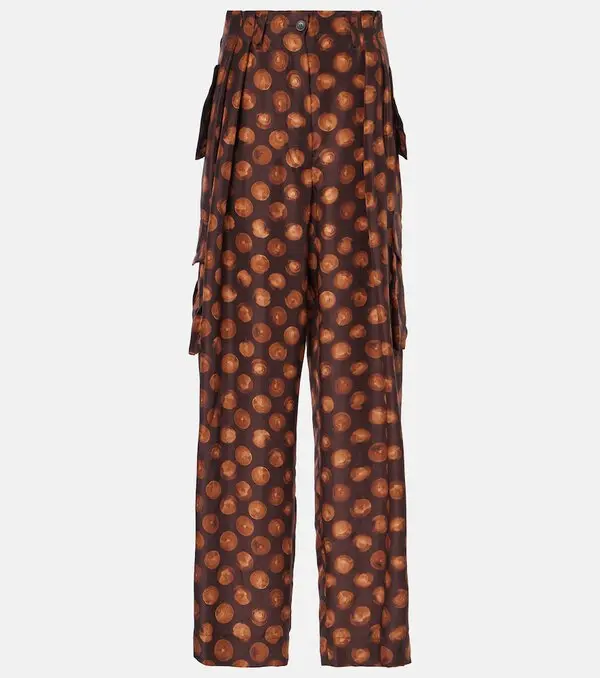 Dries Van Noten Printed Silk Cargo Pants - Brown