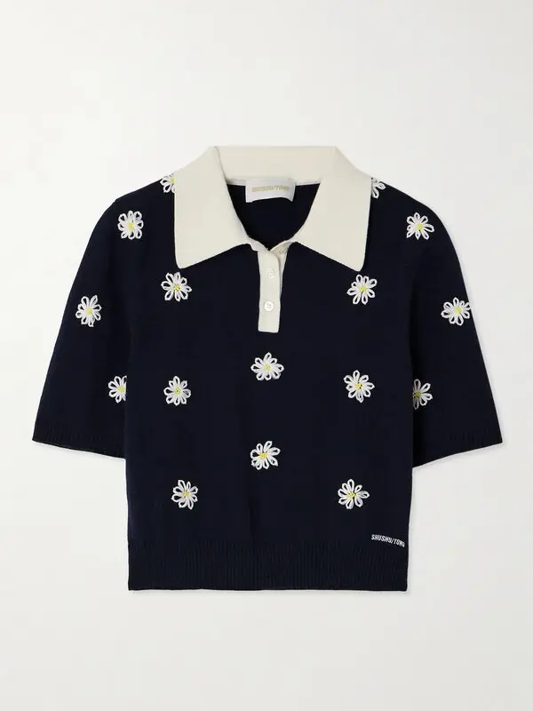 SHUSHU/TONG Cropped Embroidered Knitted Polo Shirt - Blue