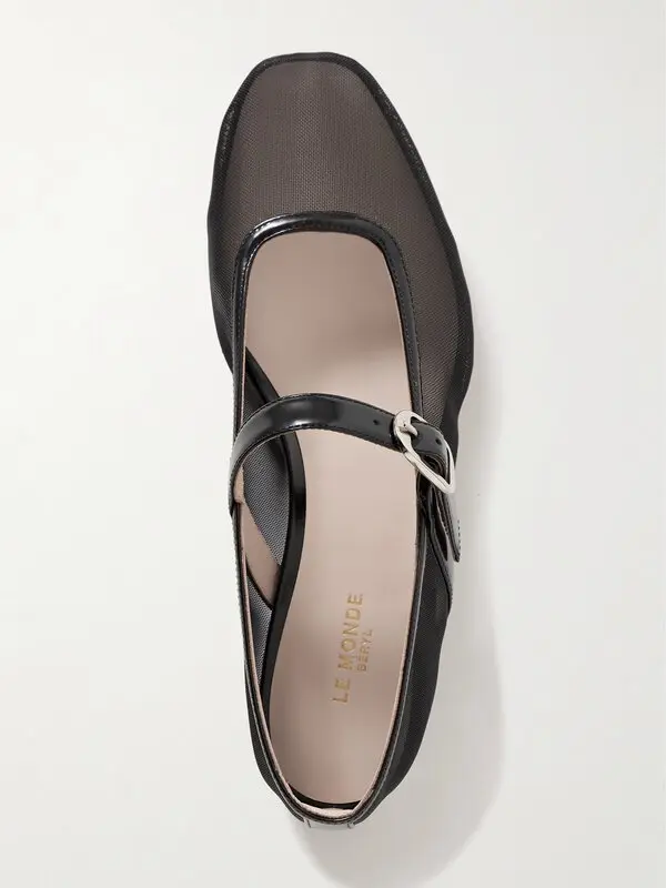 Le Monde Beryl Patent Leather-trimmed Mesh Mary Jane Ballet Flats - Black