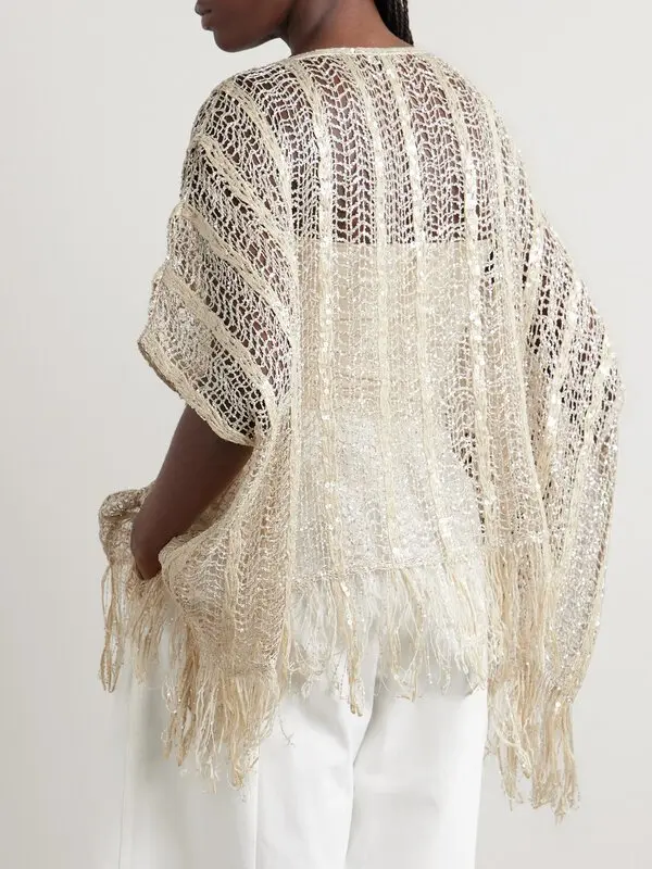 Brunello Cucinelli Sequined Open-knit Fringe Top