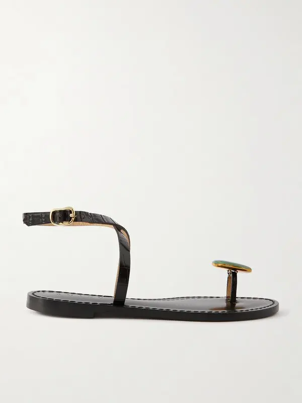 AMANU The Kigali Aventurine-embellished Croc-effect Leather Sandals - Black