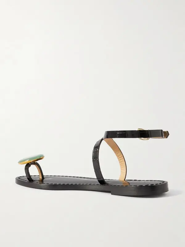 AMANU The Kigali Aventurine-embellished Croc-effect Leather Sandals - Black