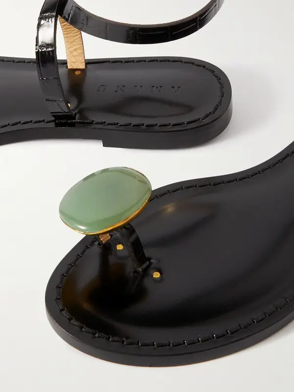 AMANU The Kigali Aventurine-embellished Croc-effect Leather Sandals - Black