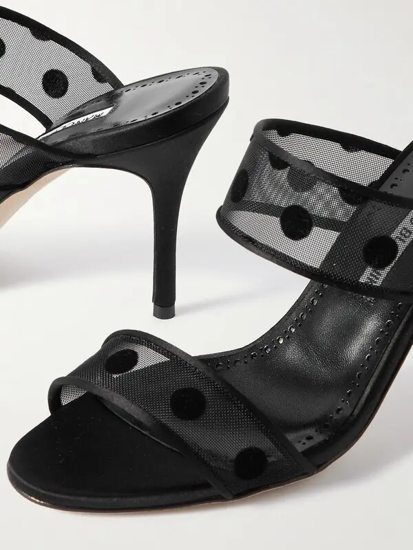 Manolo Blahnik Scolobi Flocked Mesh And Satin Stiletto Sandals - Black