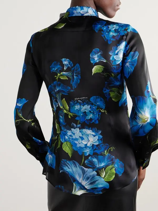 Dolce & Gabbana Hand-printed Silk Blouse With Pussy-bow And Detachable Flower Accent