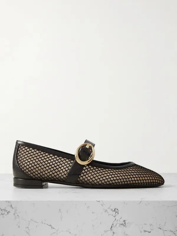 STUART WEITZMAN Arabella Buckled Leather-trimmed Mesh Mary Jane Flats - Black
