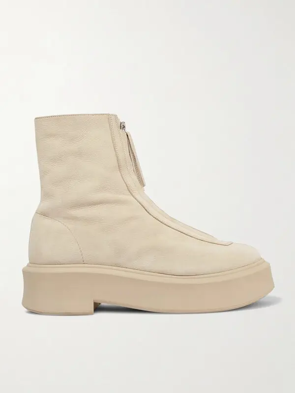 THE ROW Zipped Textured-nubuck Platform Ankle Boots - Neutrals