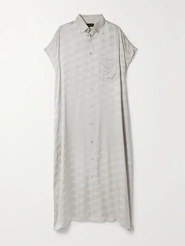Balenciaga Oversized Frayed Satin-jacquard Midi Shirt Dress - Gray